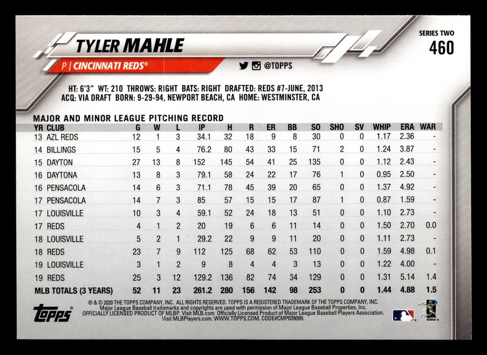 Tyler Mahle 2020 Topps #460 Cincinnati Reds Buy10get5FREE | eBay