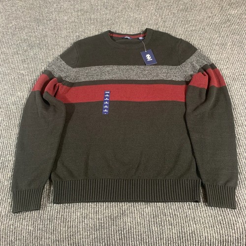 Izod Sweater Mens Medium Striped Crewneck Pullover Knit Long Sleeve ...