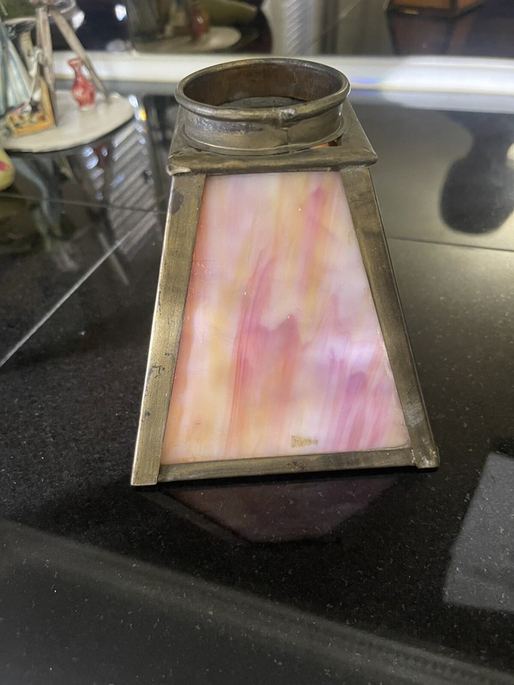 Antique MISSION Multi Colors SLAG GLASS, Brass LAMP SHADE, 4 panes | eBay