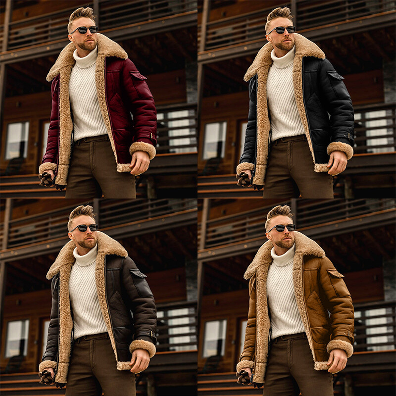 Mens Faux Lamb Shearling Sheep Skin Coat Flying Jacket Winter Coat ...