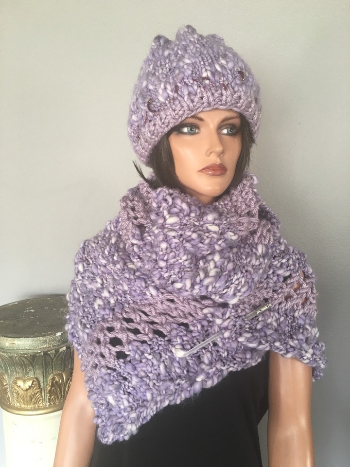 Hand Knit Shawl Hat Set Lilac Boucle Designer Fashion Chic Winter ...