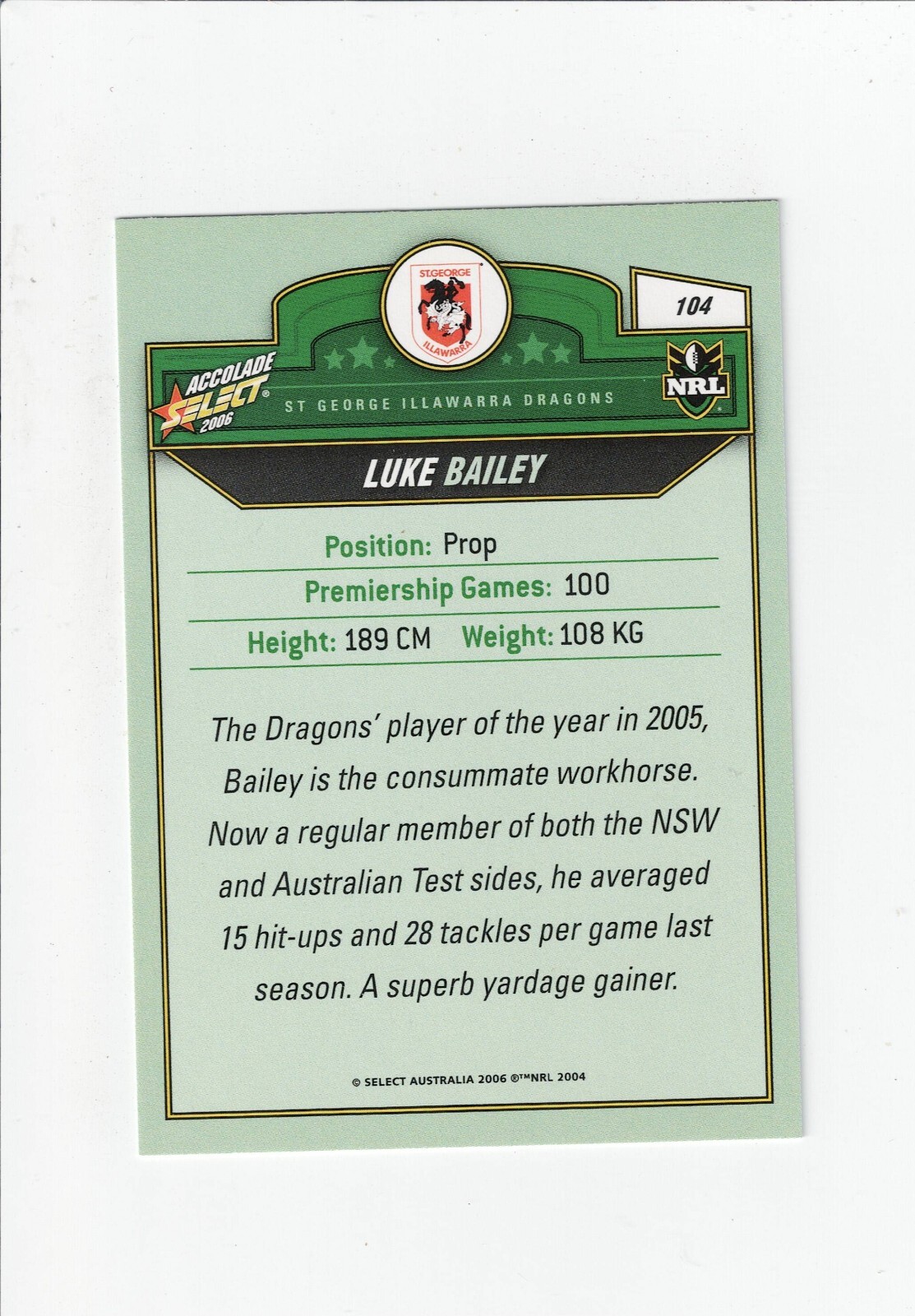 2006 Select NRL Accolade Rugby League Luke Bailey #104 (Dragons) | eBay
