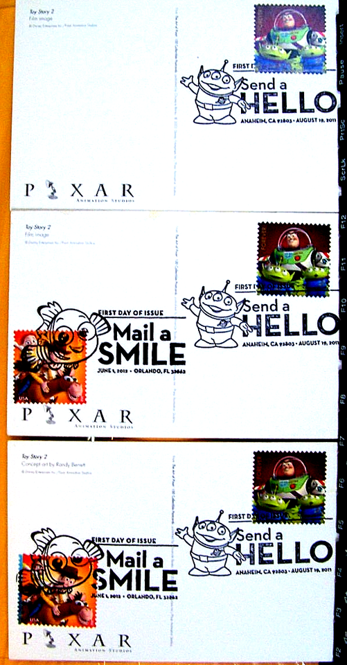 DISNEY/PIXAR: SEND A HELLO STAMPS 1st DAY 3 TOY STORY POSTCARDS JUNE 1 ...
