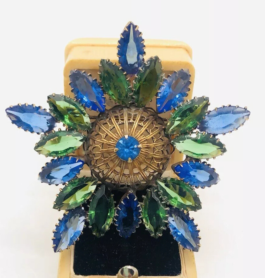 Large Jewel Tone Blue @ Green Rhinestone Filigree Dom… - Gem