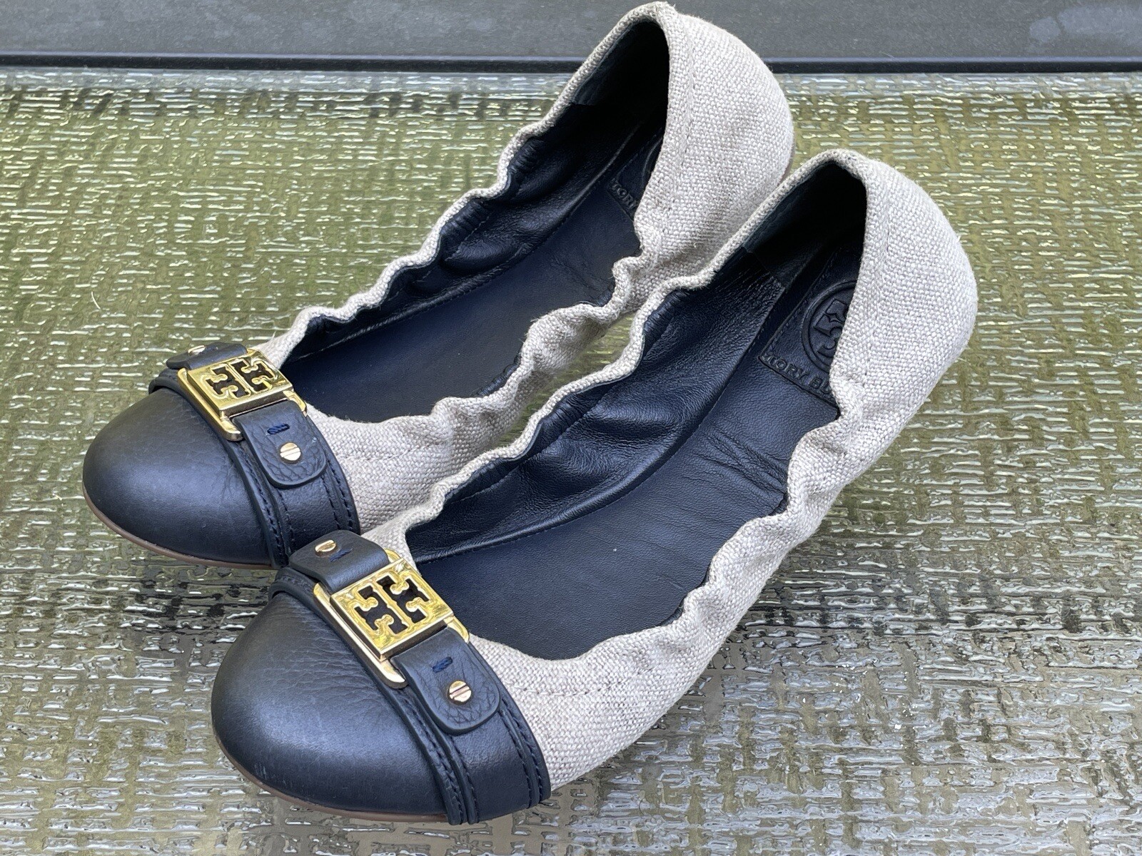 Tory Burch AMBROSE Ballet Flats Tan Canvas Navy Leather Gold Logo Shoes ...