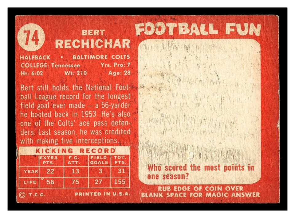 1958 TOPPS BERT RECHICHAR #74 BALTIMORE COLTS HIGHER GRADE NO CREASES ...