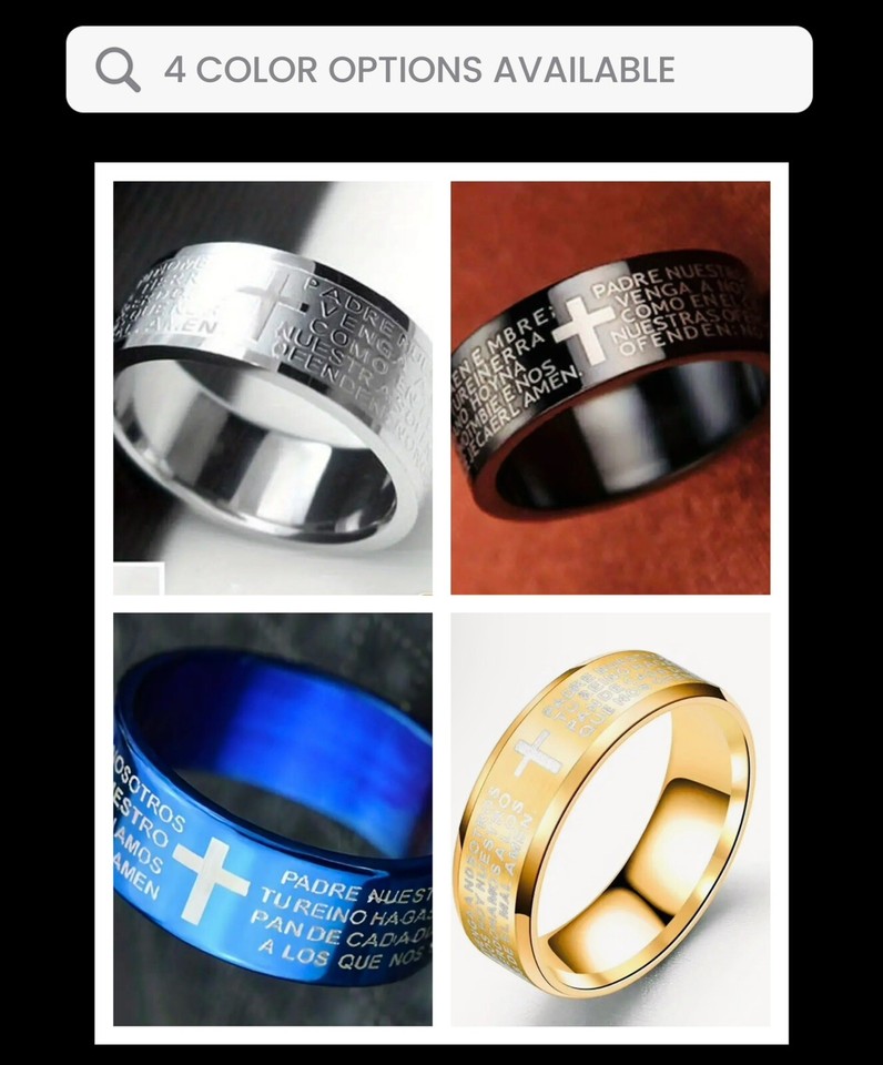 Mens Women Stainless Steel Cross Spanish Bible Lord Prayer Ring Band ...