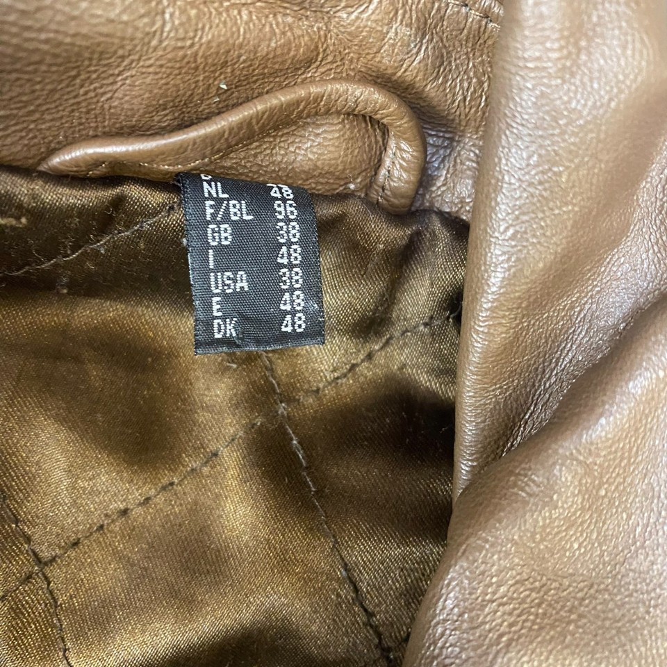 Mens Leather Jacket Large Brown Quilted Lined Collared Snap Button Full ...