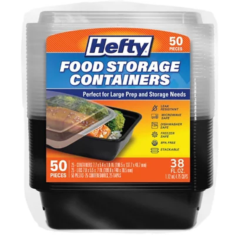 Hefty Food Storage Containers with Lids - 38 oz, 50 Pack for Easy Meal ...