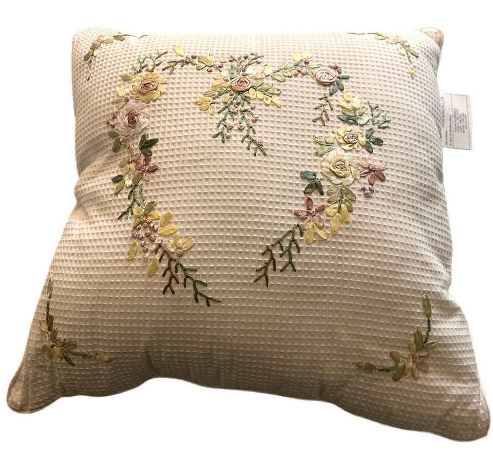 Woven Textured Cream Pillow Embroidered Ribbon Pastel Floral Pattern ...