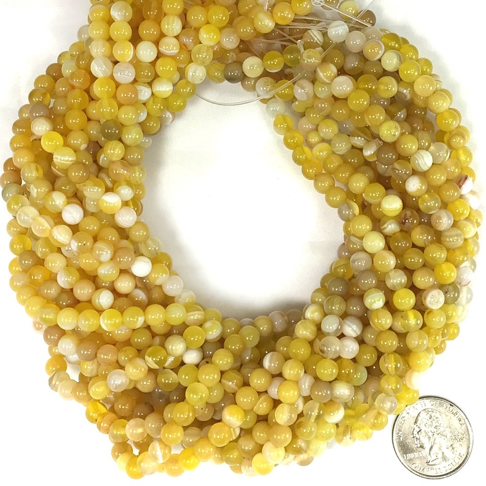 Natural Gold Yellow Stripe Agate Round Bead 15" Jewelry Making Gemstone ...