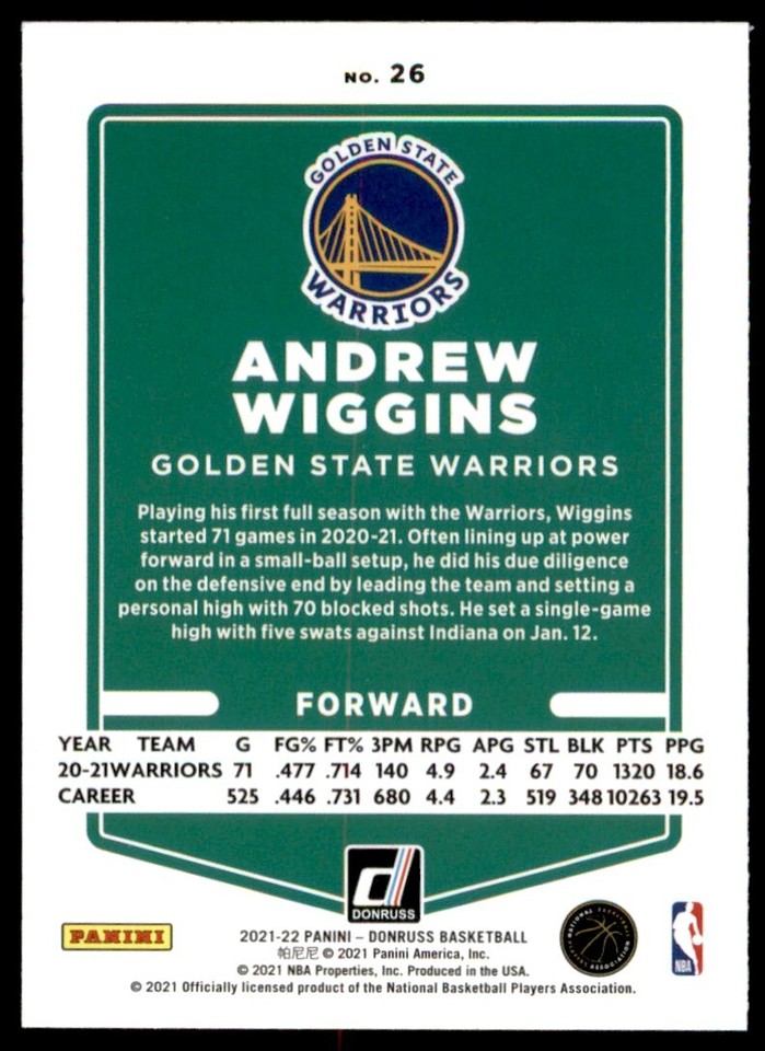 2021-22 DONRUSS PAPER ANDREW WIGGINS RC GOLDEN STATE WARRIORS #26 | eBay