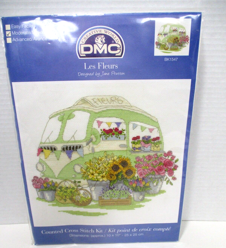 Cross Stitch Kit DMC Les Fleurs Retro Boho Hippie VW Van Flowers Summer ...