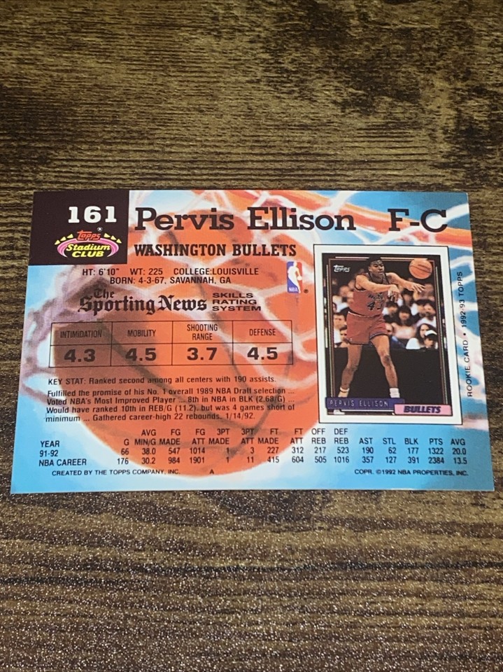 1992-93 Stadium Club Washington Bullets Basketball #161 Pervis Ellison ...