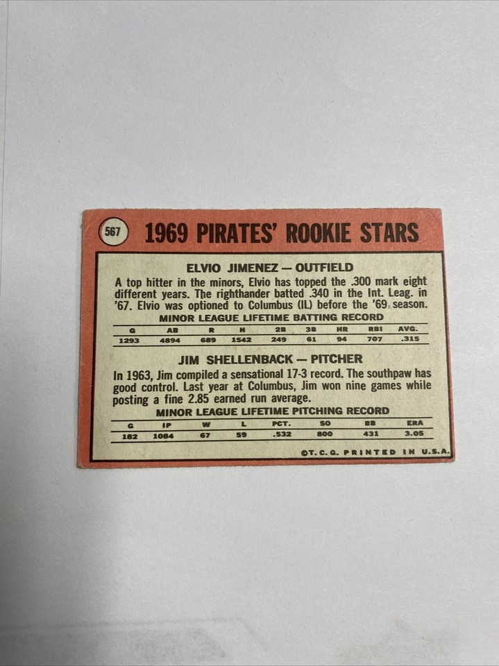 1969 Topps Elvio Jimenez & Jim Shellenback Pittsburgh Pirates Rookie ...