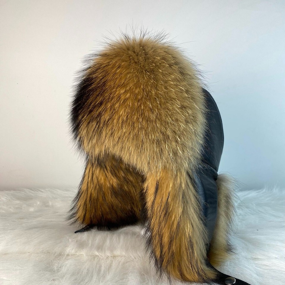 Men's Real Raccoon Fur Hat Russian Ushanka Trapper Hat Real Leather ...