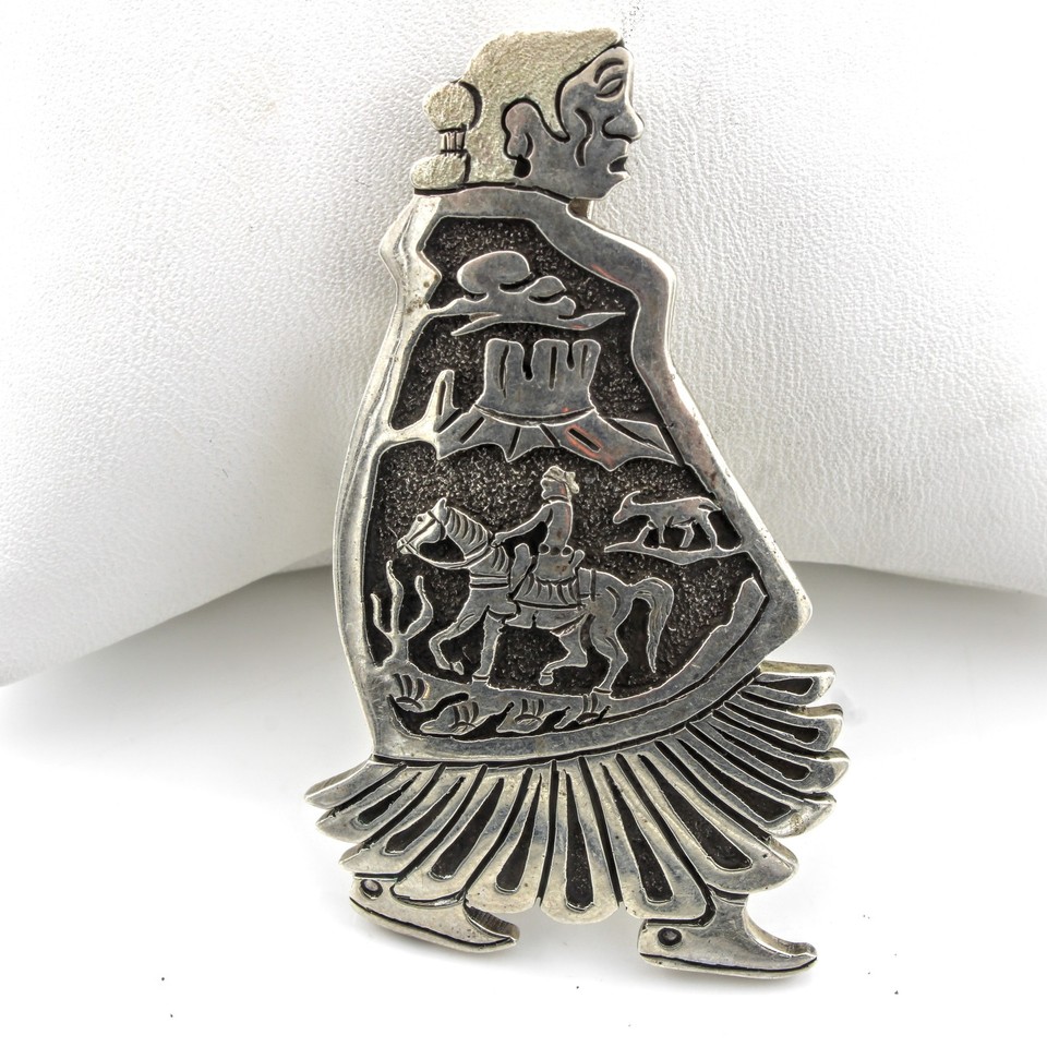 Navajo Signed Sam Gray Sterling Silver Stamped Overlay Picture Brooch # ...