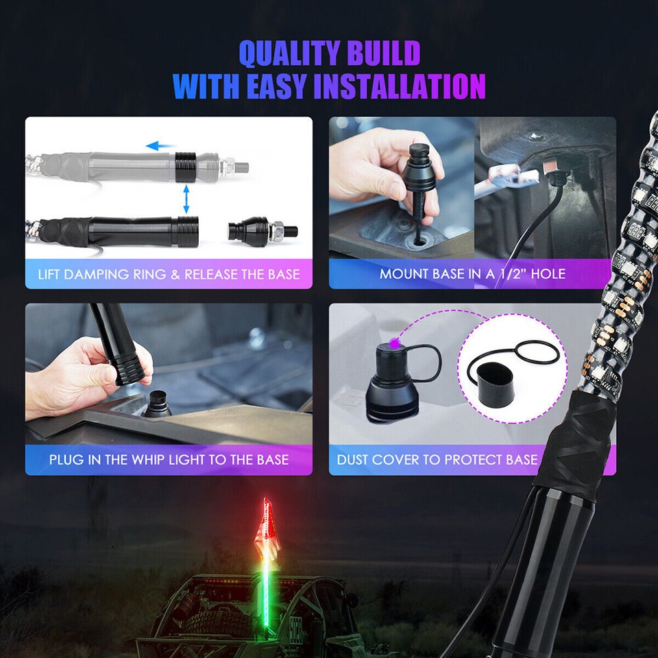 2PCS 4ft Spiral LED Whip Light Antenna For ATV Polaris RZR 4Wheeler RGB ...
