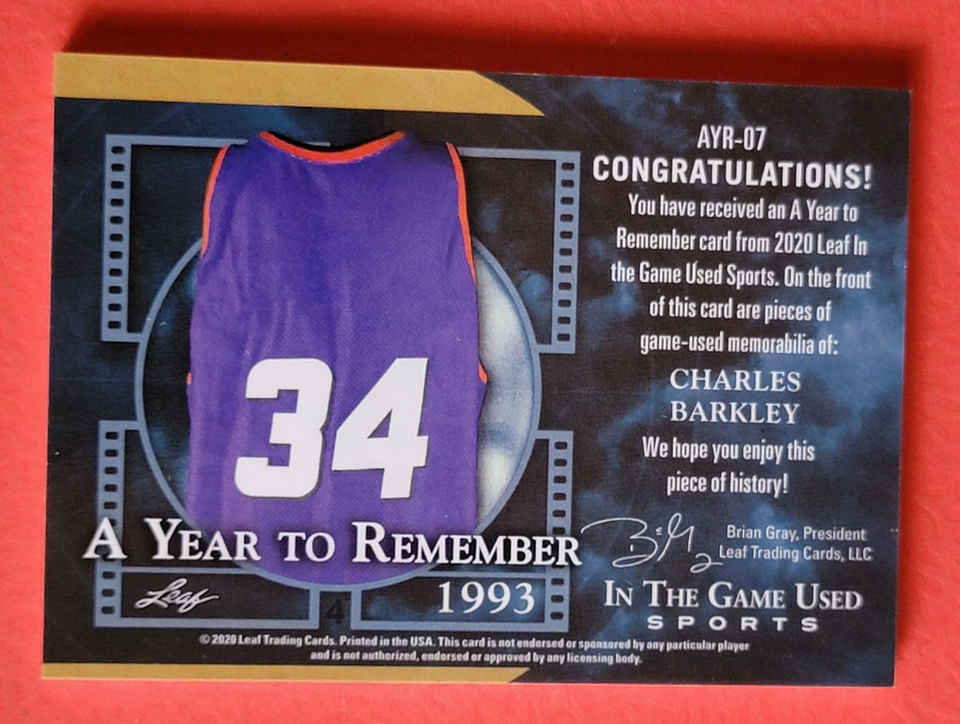 Charles Barkley GAME USED JERSEY CARD #d30/35 4 Piece 2020 LEAF SUNS ...