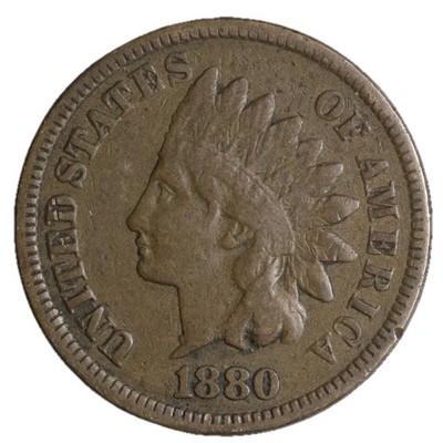 1880 Indian Head Cent Good- Very Good Average Circulated Condition ...