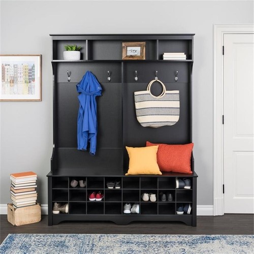 Prepac Entryway Wood 60" Wide Hall Tree with Shoe Cubbies in Black | eBay