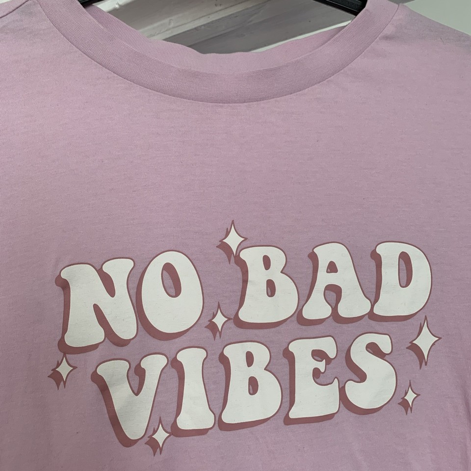 Ladies Pink “No Bad Vibes” T-shirt By Primark Size M Relaxed Fit | eBay UK