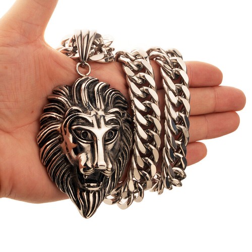 Mens Heavy Silver Necklace Stainless Steel Large Lion Head Pendant ...