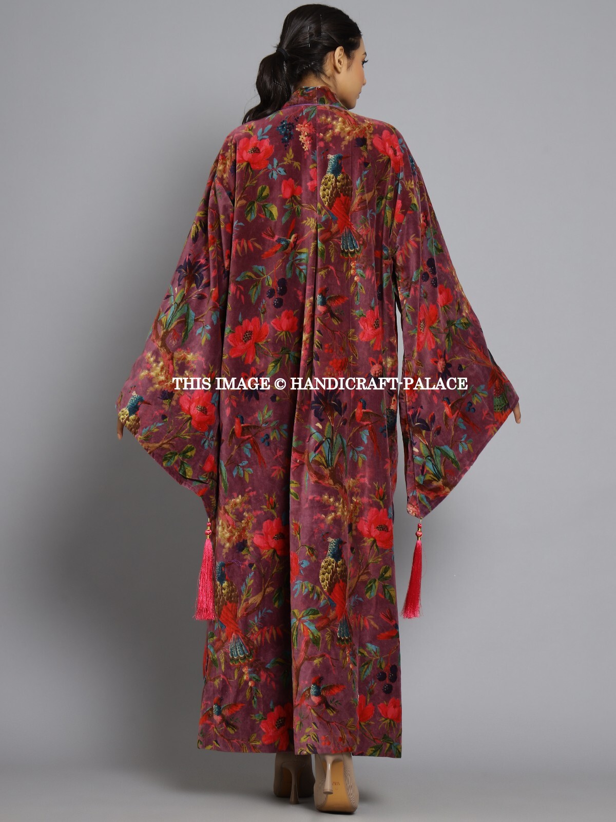 Luxury Velvet Bird Printed Kimono Robe OFMD Gown Violet Color Long ...