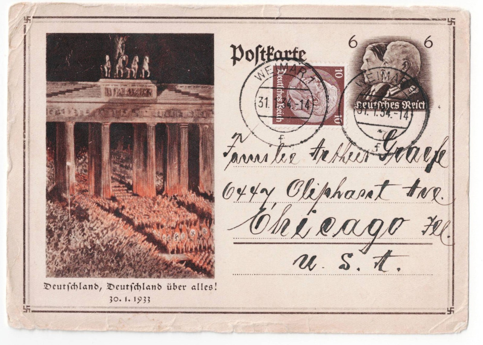 1934. BRANDENBURG GATE RALLY Postcard HITLER/HINDENBER 6pf Prepaid | eBay