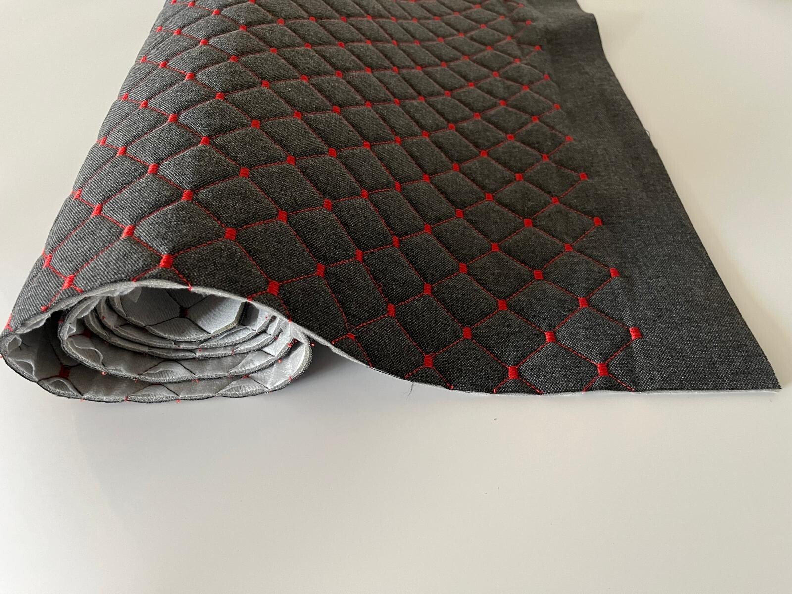 GRAY/RED Diamond Stitch Embossed Fabric Lining Car Upholstery ...