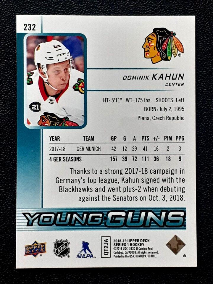 DOMINIK KAHUN RC YOUNG GUNS 2018-19 UPPER DECK 18-19 NO 232 29828 | eBay
