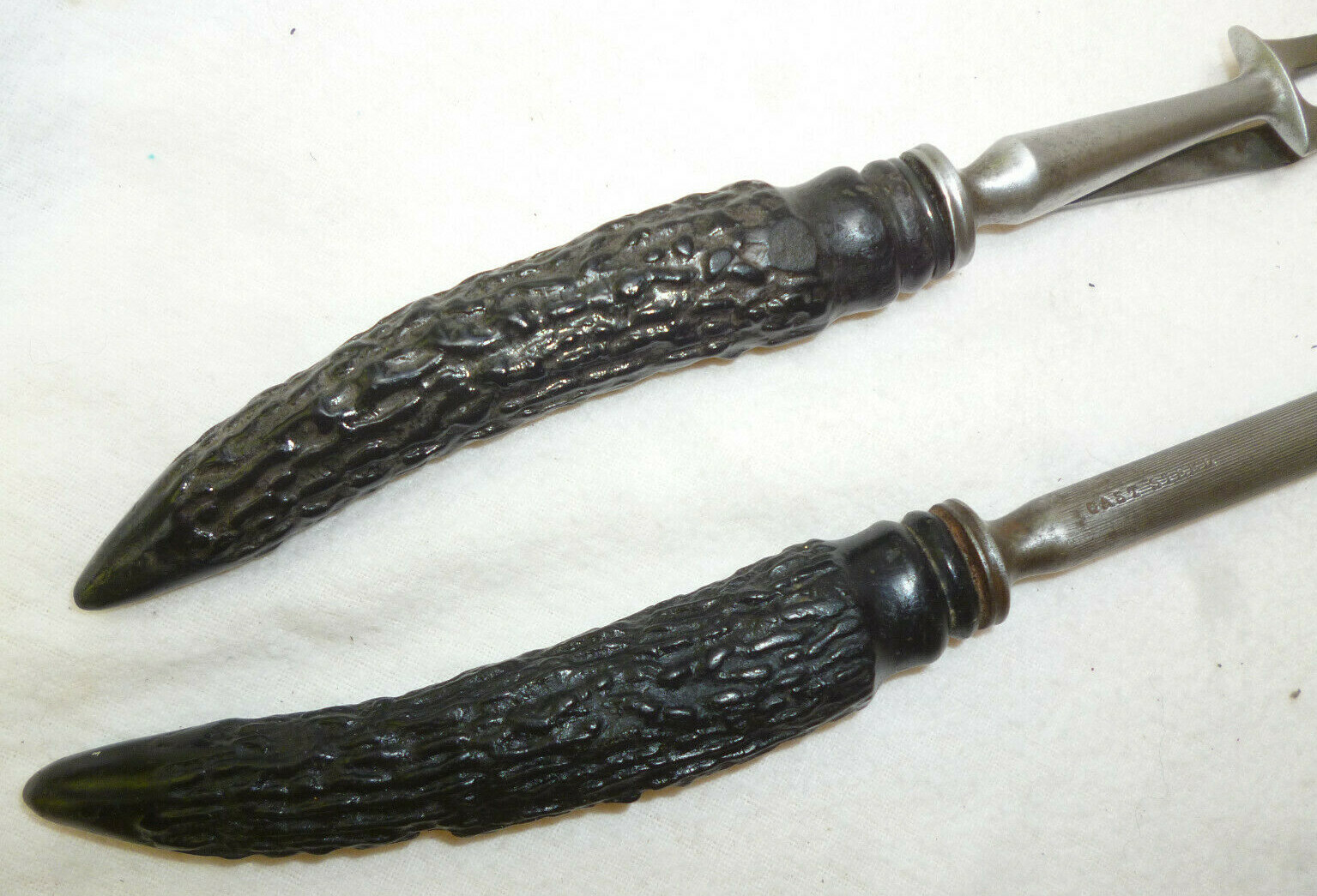 VINTAGE KNIFE SHARPENING STEEL & MEAT FORK - Unusual Faux Horn Handles ...