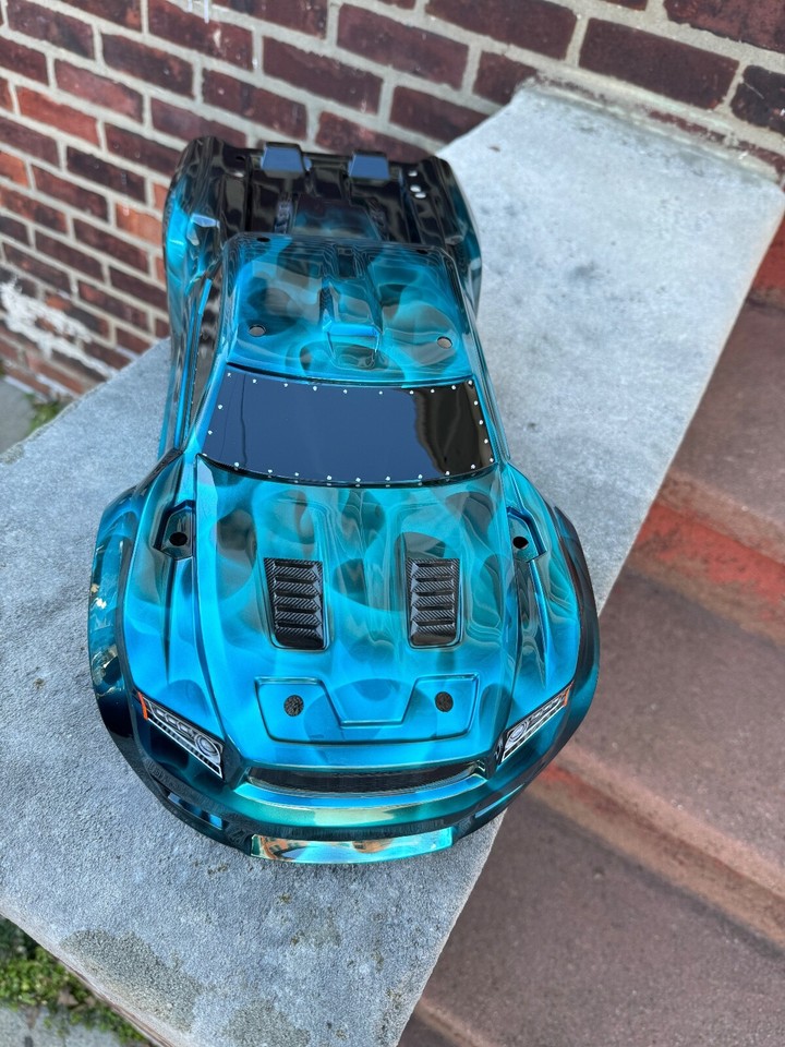 CUSTOM PAINTED RC BODY, TRAXXAS SLEDGE BLUE CHROME FLAMES, AIRBRUSHED ...