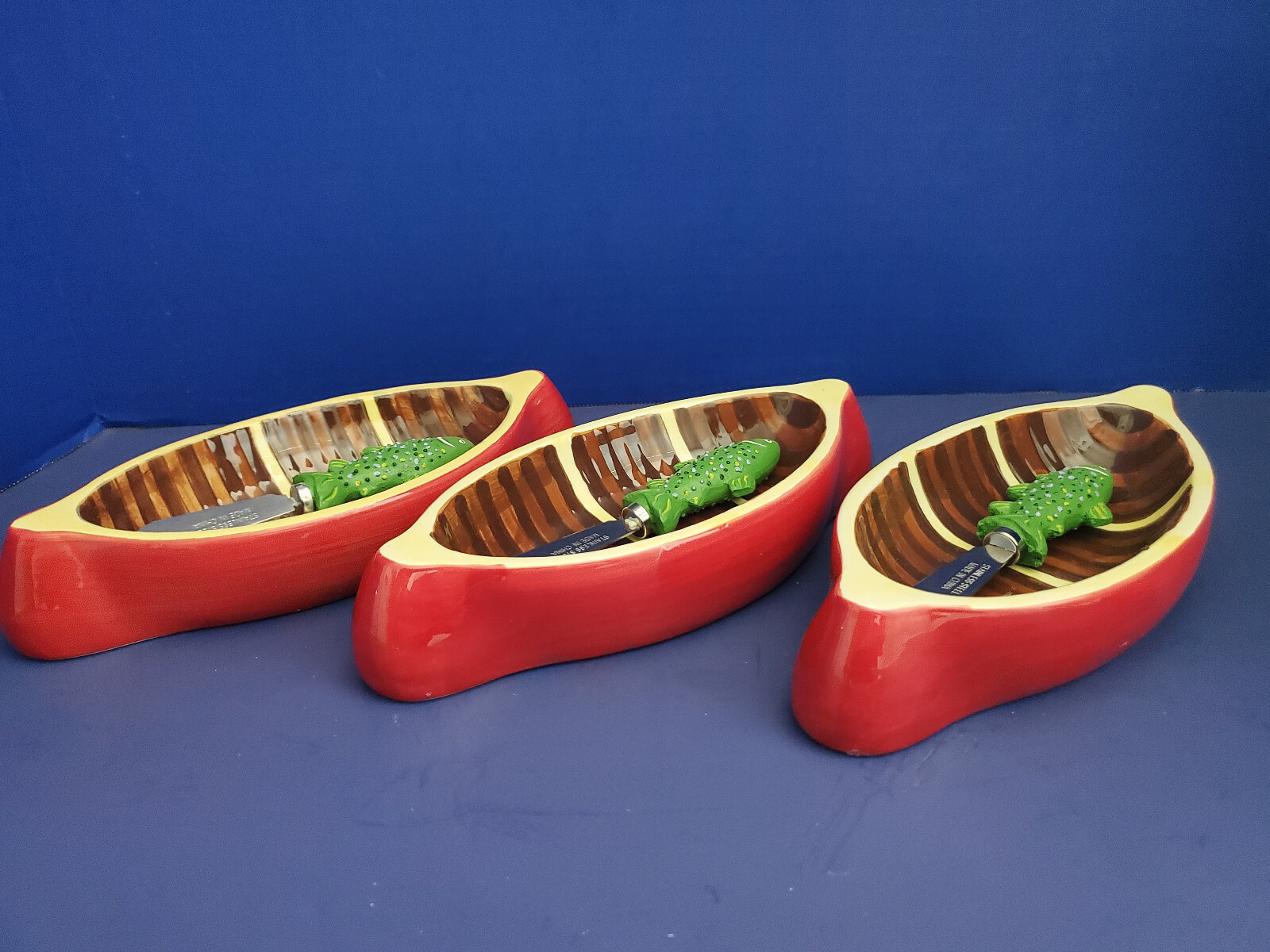 Lot of 3 Boston Warehouse Canoe Dip Bowl And Spreader Set In Box Holds ...