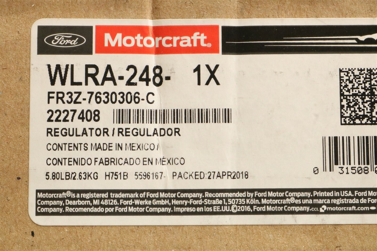 NEW Motorcraft Window Motor & Regulator Rear Right WLRA-248 Ford ...