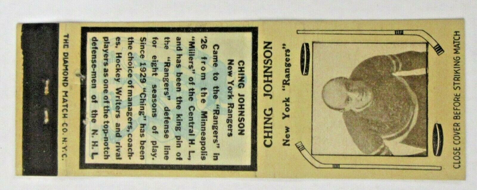 1935/36 CHING JOHNSON Diamond Tan TYPE 1 Matchbook cover HOCKEY high ...