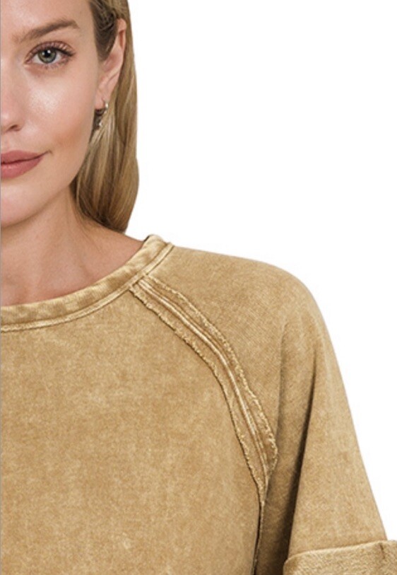 Zenana French Terry Acid Wash Raw Edge Raglan Short Cuff Double Back ...