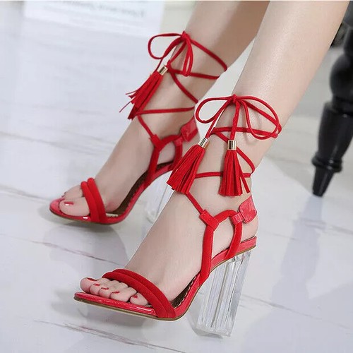 Sandales Élégant Talon Carré 9.5 CM Rouge Lacets Cuir Synthetique ...