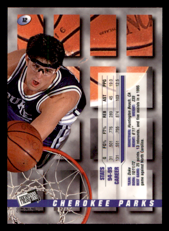 1995 Press Pass Premium Draft Picks Cherokee Parks #12 Duke Blue Devils ...