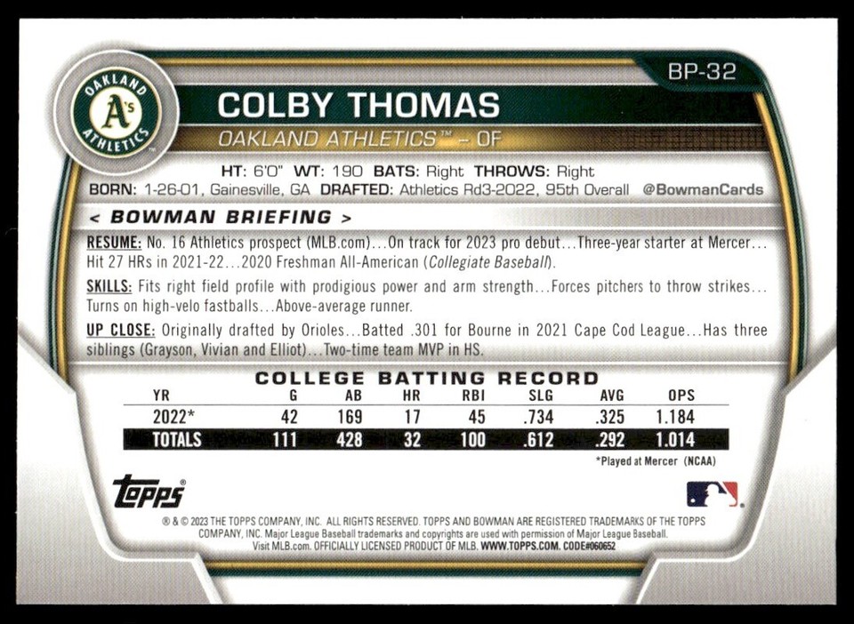 2023 Bowman Prospects Colby Thomas G26 Oakland Athletics #BP-32 | eBay