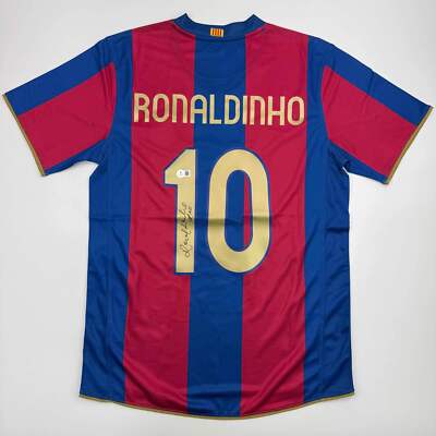 Autographed/Signed Ronaldinho Barcelona Blue/Red Soccer Jersey Beckett ...