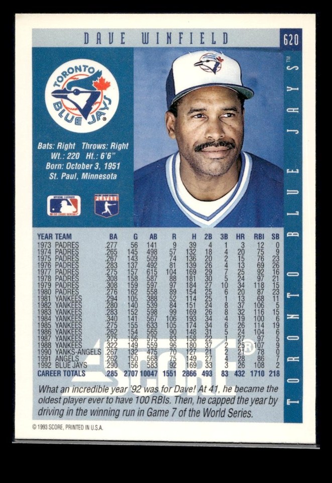 1993 Score Baseball Card #620 Dave Winfield Toronto Blue Jays | eBay
