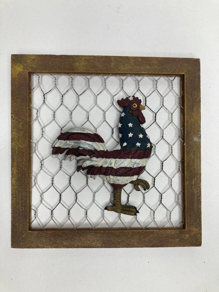 Roosters Framed Art patriotic w/chicken wire & composite frame preowned ...