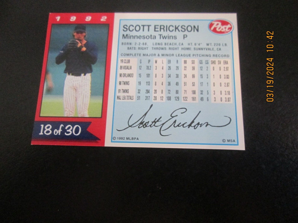SCOTT ERICKSON TWINS 1992 POST CEREAL COLLECTOR SERIES CARD #18 | eBay