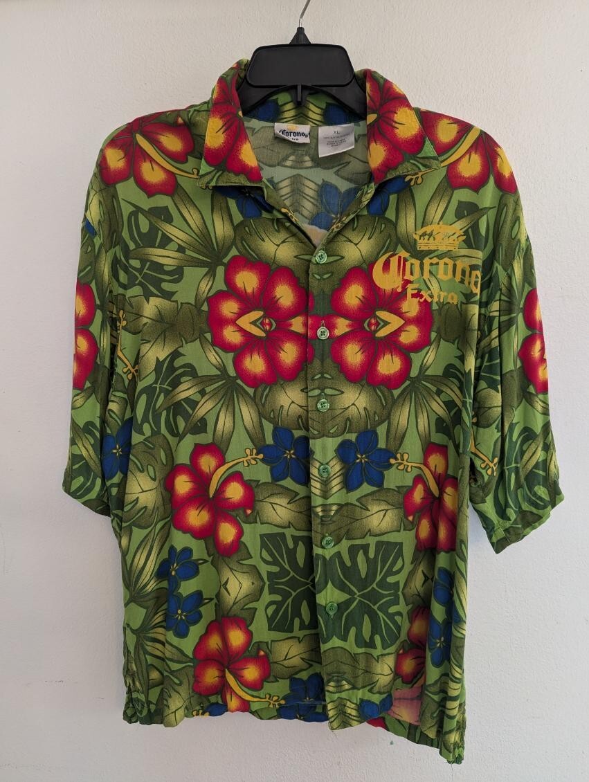 Corona Extra Men Green Floral Beer Button Short Sleev… - Gem