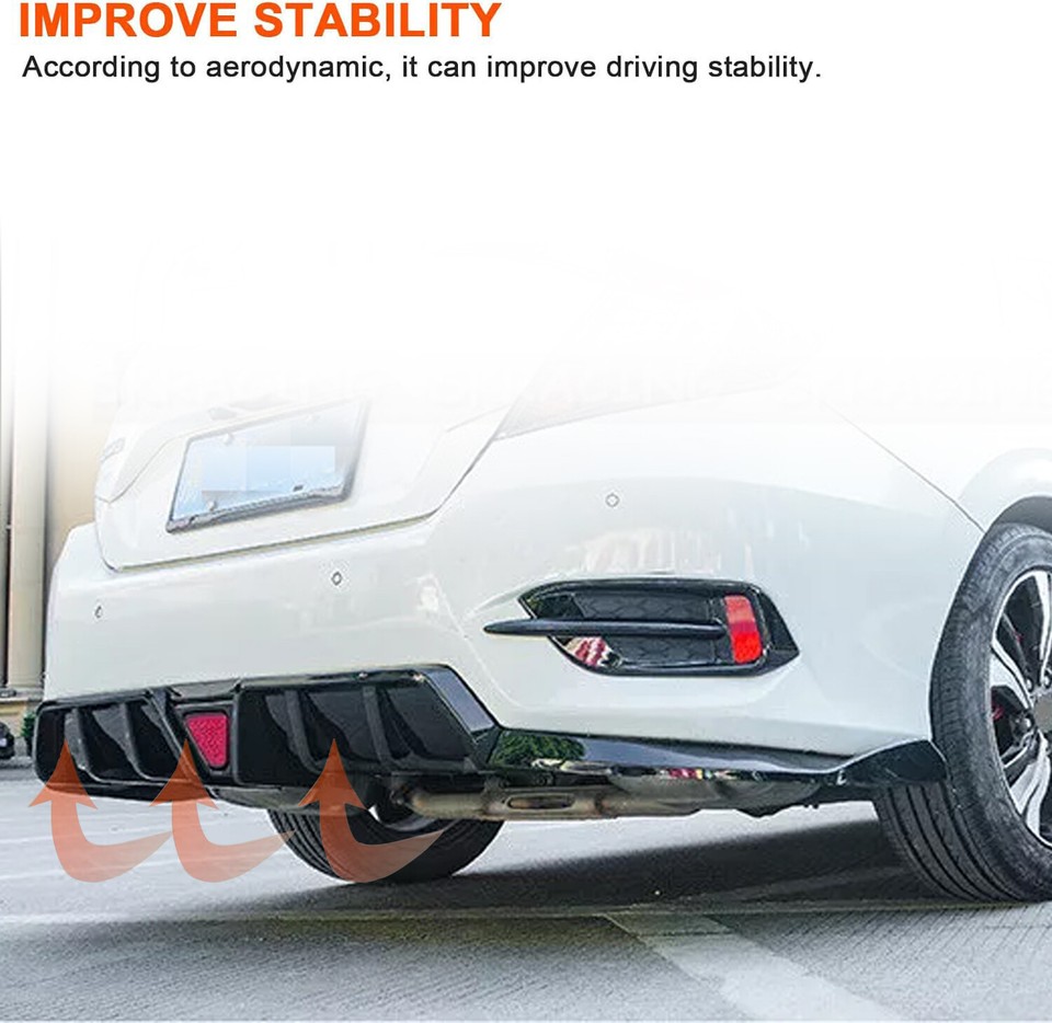 For 2016-2022 Honda Civic 4Dr Sedan Glossy Black Rear Bumper Diffuser ...