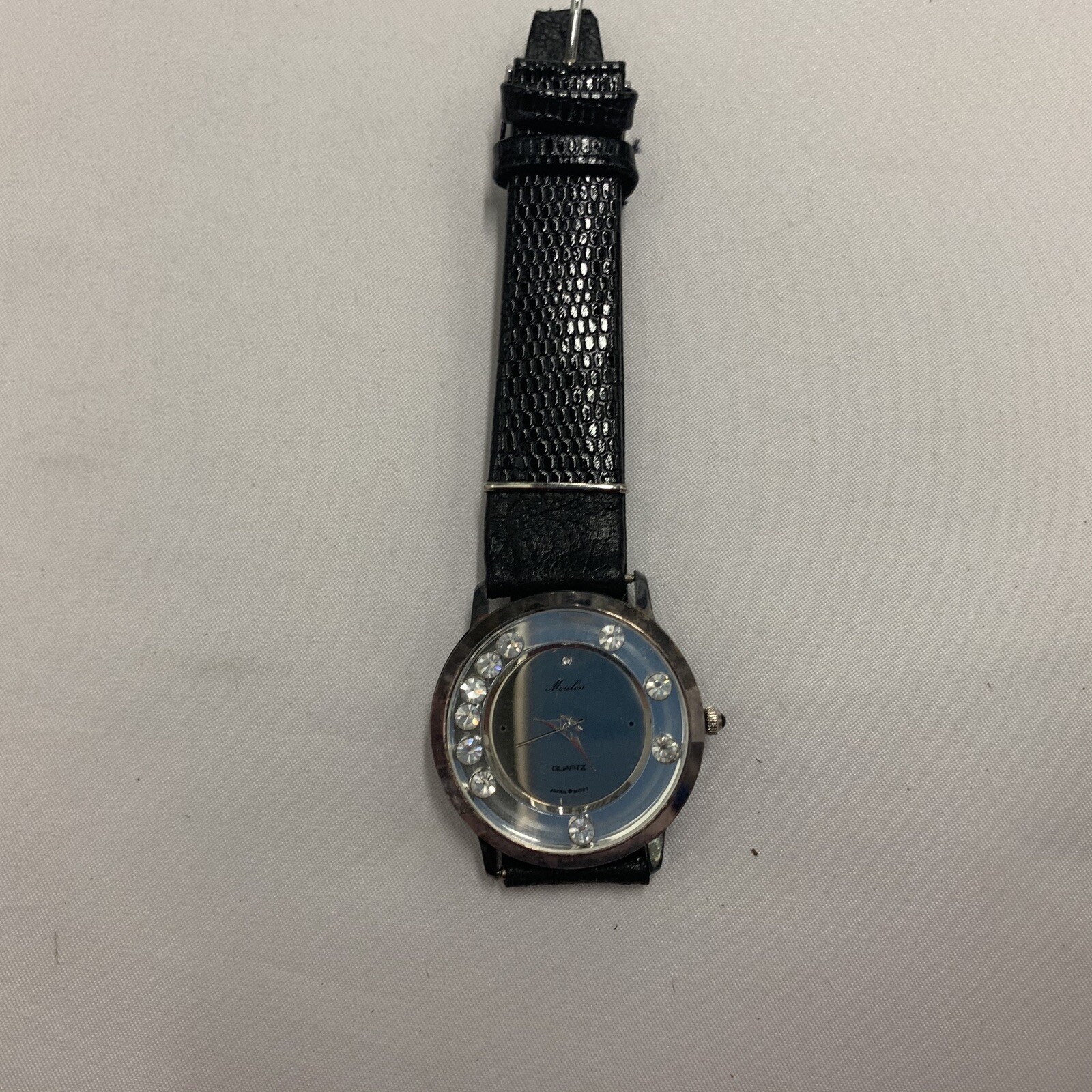 New Vintage Moulin Women’s Quartz Watch silvertone Elegant blk leather ...