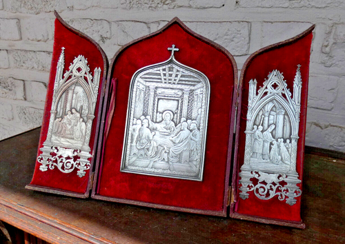 Antique French neo gothic Metal Velvet triptych first communion gift ...