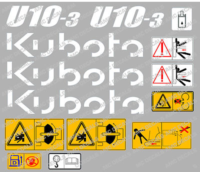 KUBOTA U10-3 MINI DIGGER COMPLETE DECAL SET WITH SAFETY WARNING SIGNS ...