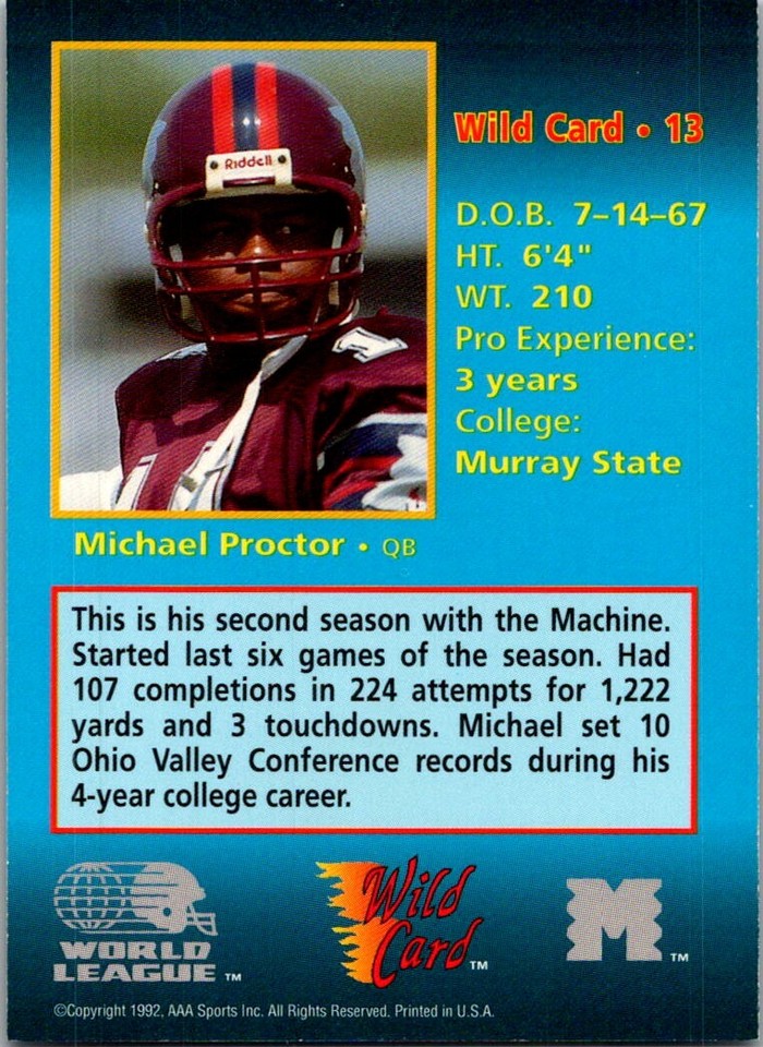 1992 WILD CARD WLAF MICHAEL PROCTOR MONTREAL MACHINE #13 | eBay